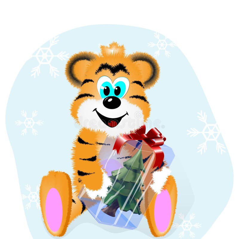Tiger Cub with a Gift on the Background of Snowflakes. Vector Graphics ...