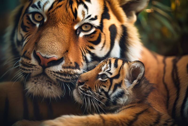 Tiger Cub on His Mother Tiger in a Jungle Stock Illustration ...