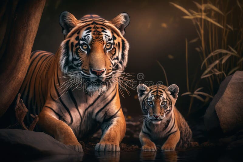 Tiger with Cub in Natural Habitat. Generative AI Stock Illustration ...