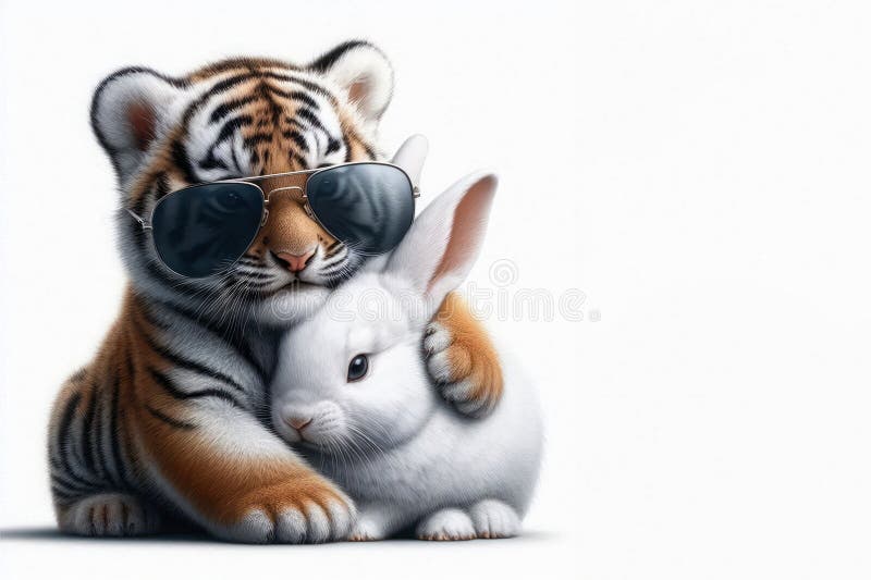 A Tiger Cub in Sunglasses Hugs a Rabbit. Space for Text. Stock Photo ...