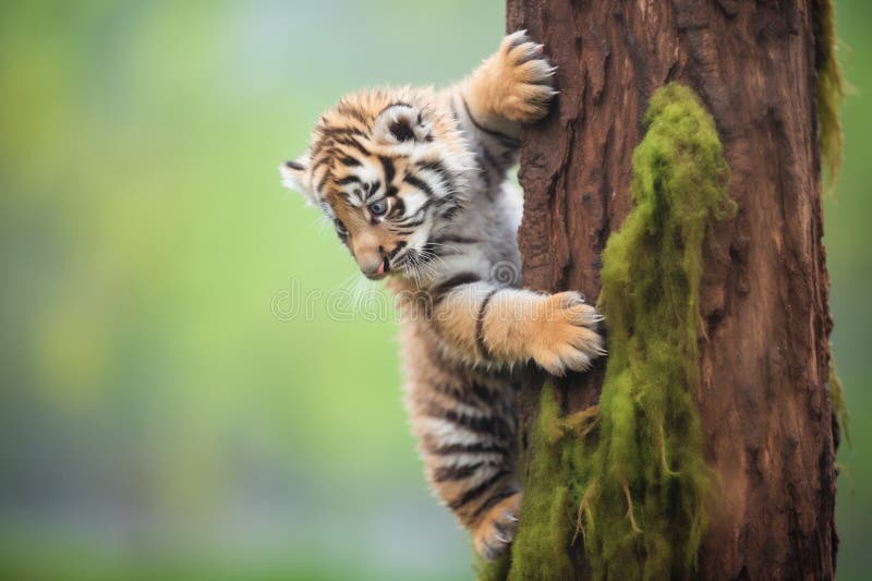Tiger Cub Trying To Climb a Small Tree Stock Illustration ...