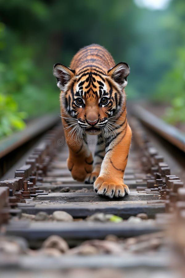 A Small Tiger Walking Across a Train Track Stock Image - Image of ...