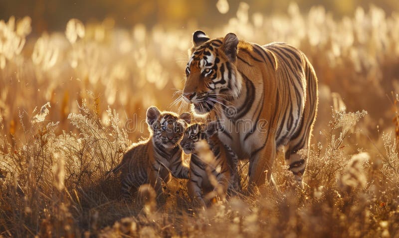 Tiger with Cubs Playing in the Tall Grass Stock Photo - Image of ...