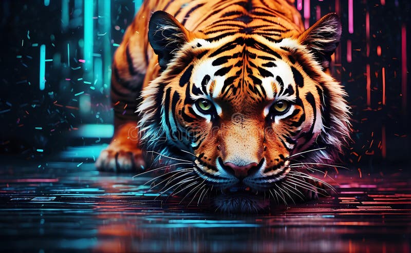 A Tiger with Digital Vibrant Abstract Background Stock Illustration ...