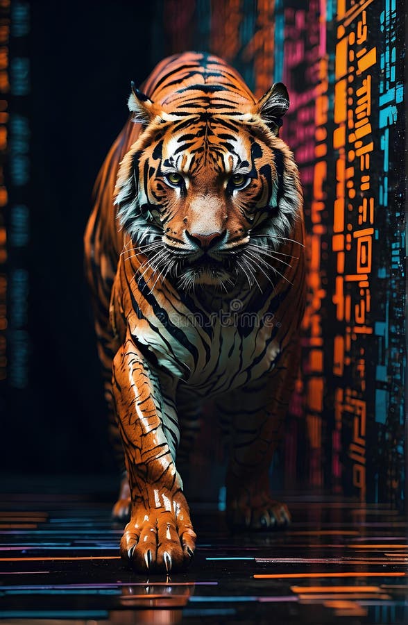 A Tiger with Digital Vibrant Abstract Background Stock Illustration ...