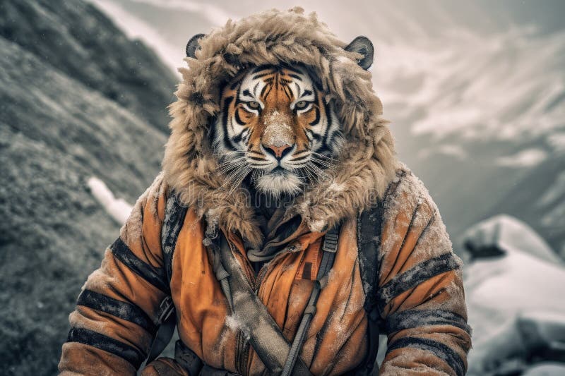 A Tiger Dressed As a Climber Who Conquers Mountain Stock Illustration ...