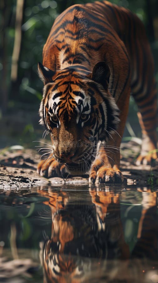 Tiger Drinking from River with Reflection Stock Photo - Image of ...