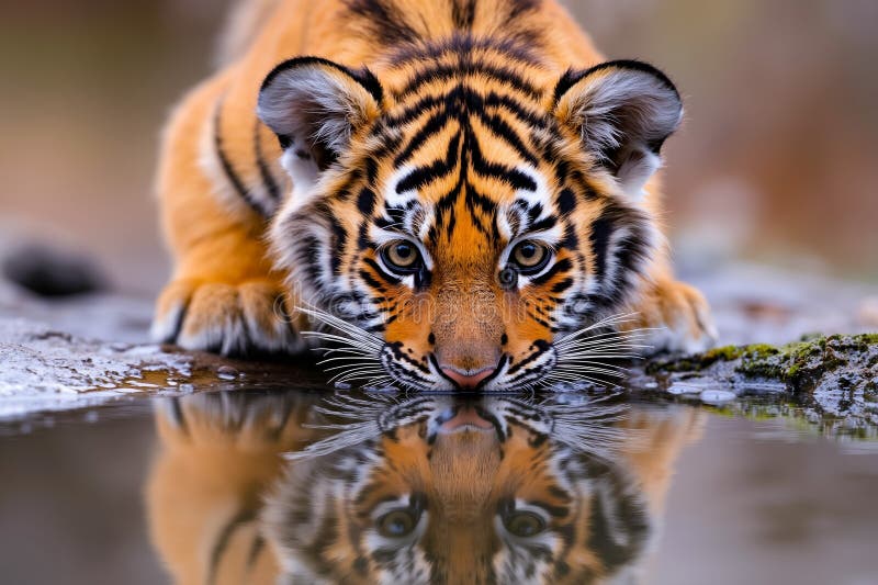 A Tiger Drinking Water from a Puddle of Water Stock Image - Image of ...