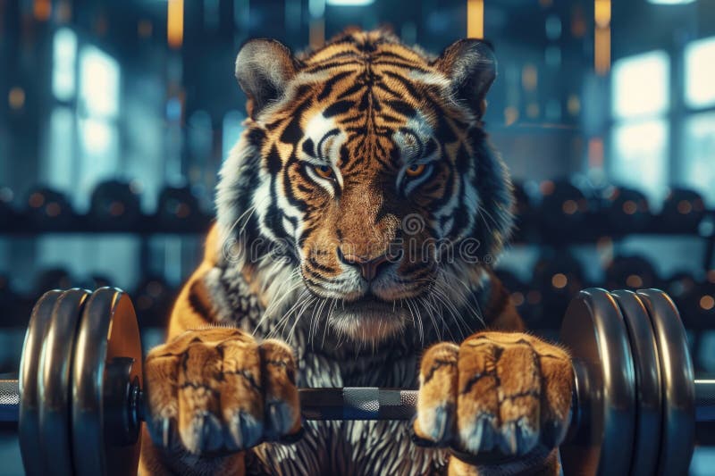 A Tiger Exercising with a Barbell in a Gym Setting Stock Illustration ...