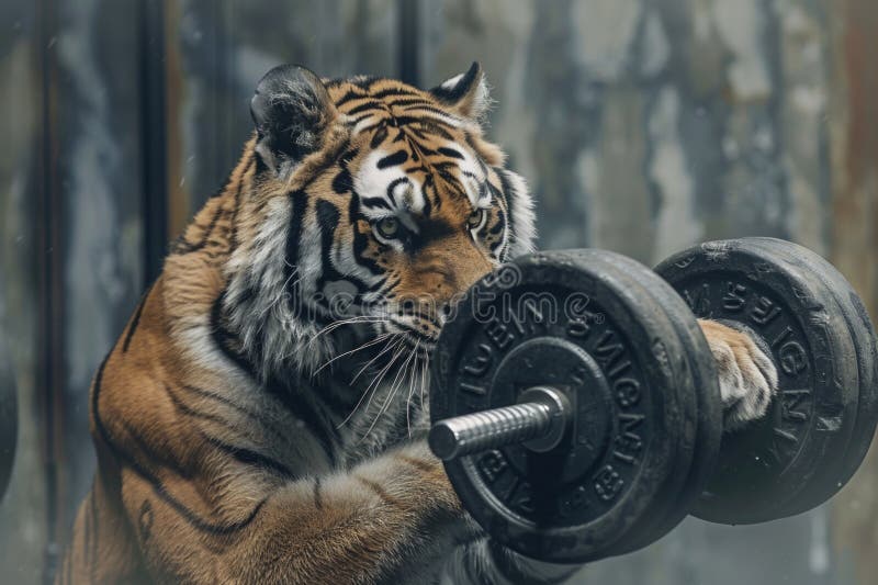 A Tiger is Exercising by Lifting a Barbell in Its Enclosure at the Zoo ...