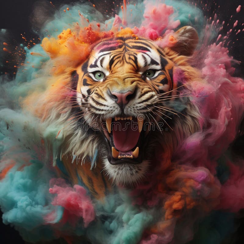 A Tiger Exploding Colorful Powder into Its Mouth, Its Teeth Open Stock ...