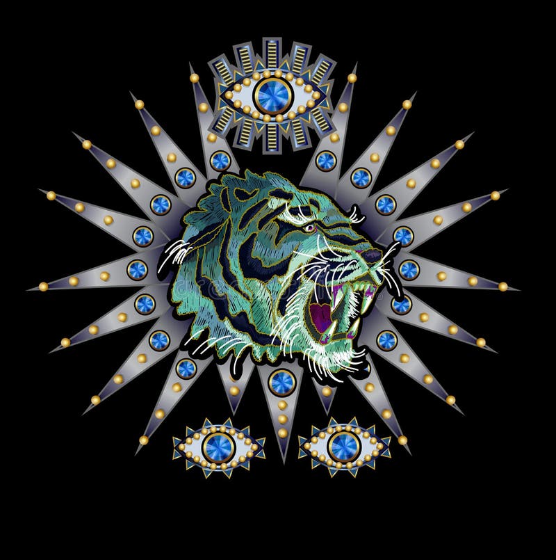 Tiger, Eye on a Silver Background Embroidery Patch with Sequins and ...