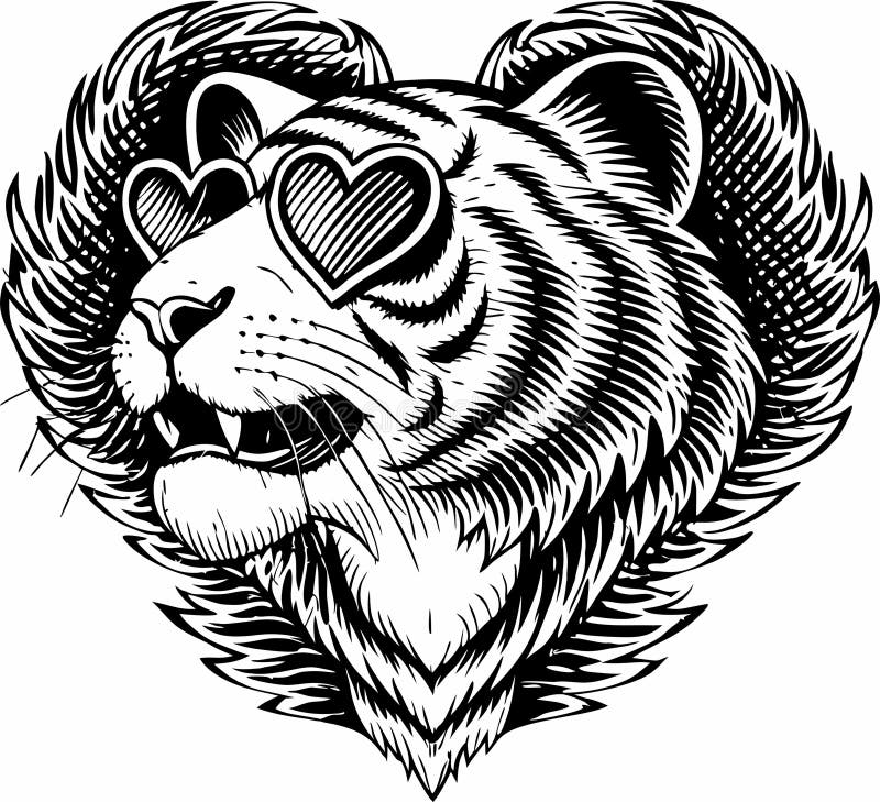 Tiger Face in Heart Shape. Black Illustration, Etching, Vintage, Vector ...