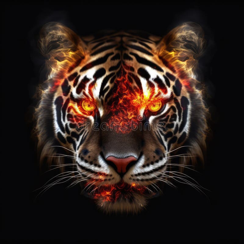 Tiger Face Heart Shape in Red Fire on Black Background. Generative AI ...