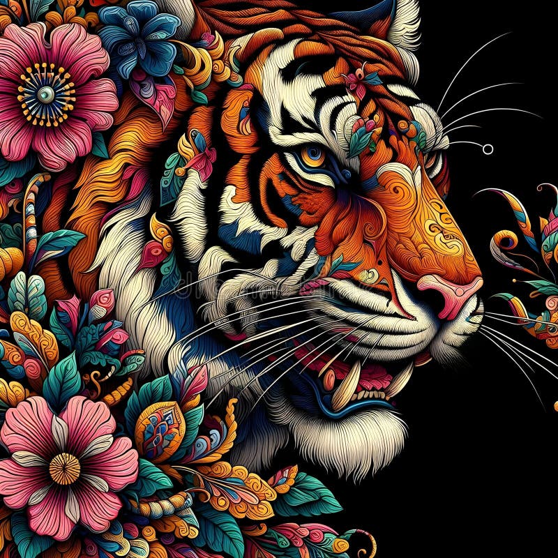 A Tiger Featuring a Bright Floral Pattern on Its Face and Body. Stock ...