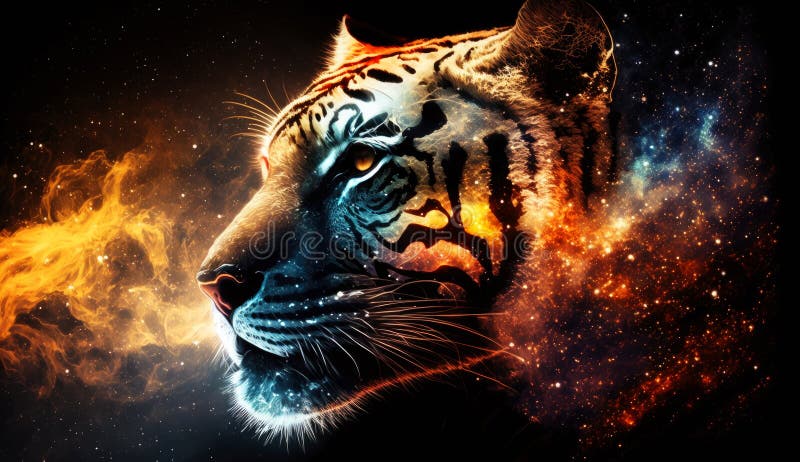 Tiger in Fire Cosmic Space. Gnerative Ai. Stock Illustration ...