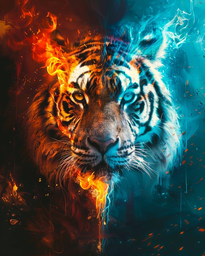 A Tiger with Fire and Flames on Its Face Stock Photo - Image of fire ...