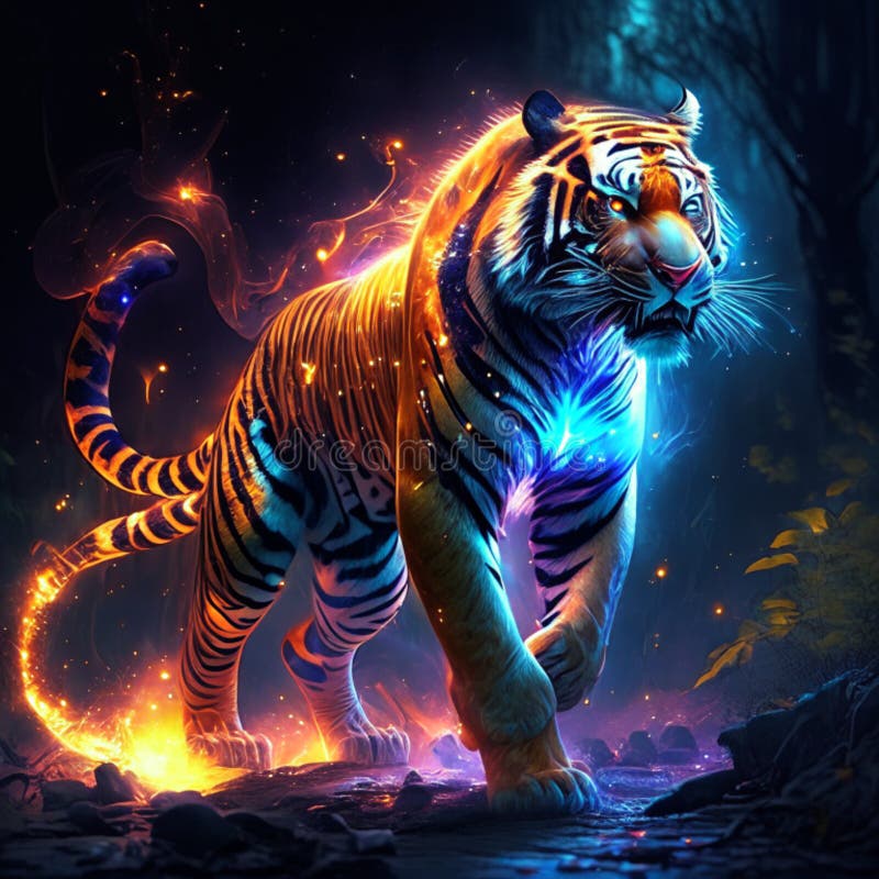 Tiger with Fire Flames on Dark Blue Background. 3d Illustration ...