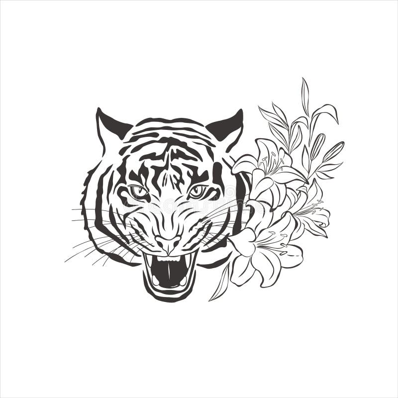 Tiger with Flowers on White Background. Stock Illustration ...