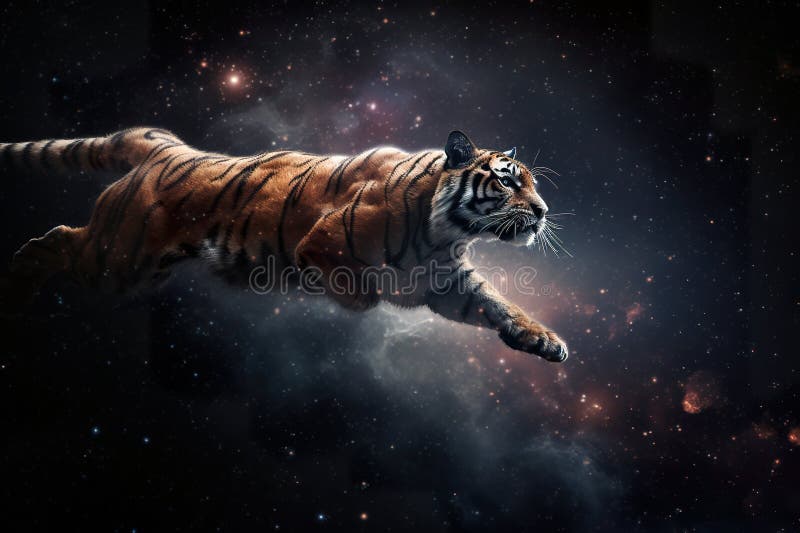 A Tiger is Flying through the Air in Space. AI Generative Image Stock ...