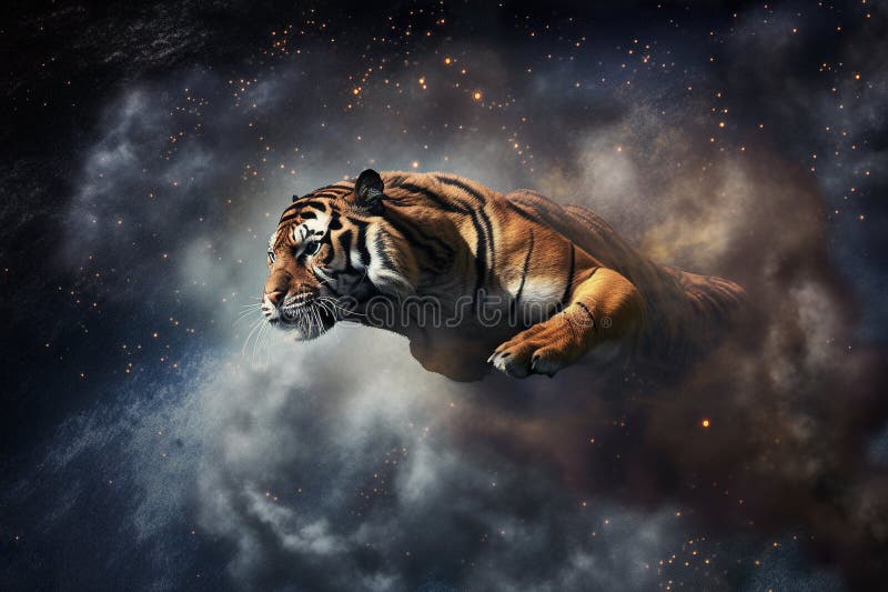 A Tiger Flying through the Sky with Clouds and Stars. AI Generative ...