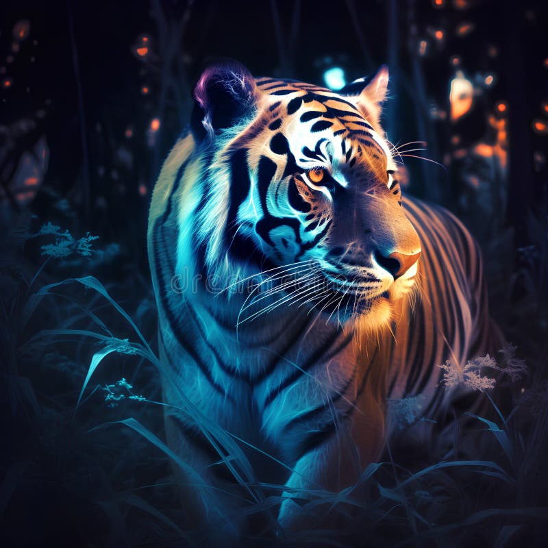 Tiger in the Forest at Night. 3D Rendering and Illustration Stock ...