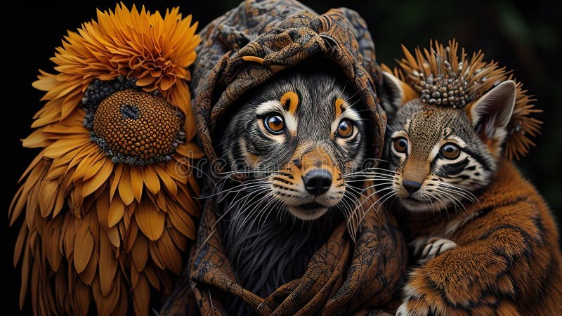 A Tiger and a Fox with a Sunflower. Generative Ai Stock Illustration ...