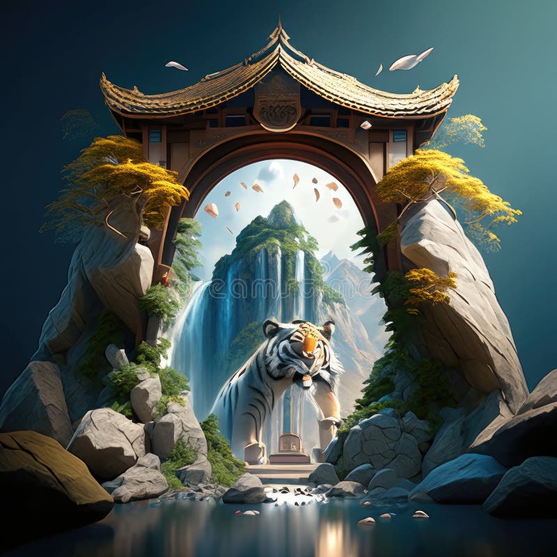 Tiger in Front of a Gate in the Chinese Temple. 3D Rendering Generative ...