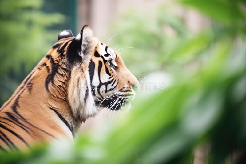 Tiger Gazing Intently from Behind Lush Greenery Stock Photo - Image of ...