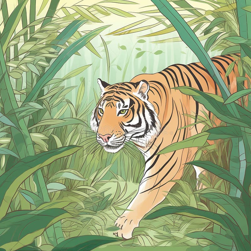 Tiger Stalking through a Tropical Jungle Area. Created Using Ai ...