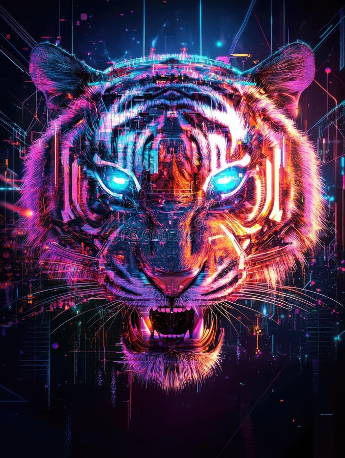 Tiger with Glowing Eyes and Lines Stock Image - Image of spooky ...