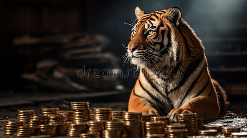 Tiger with gold coins stock illustration. Illustration of income ...