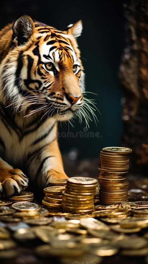 Tiger with gold coins stock illustration. Illustration of coin - 299727629