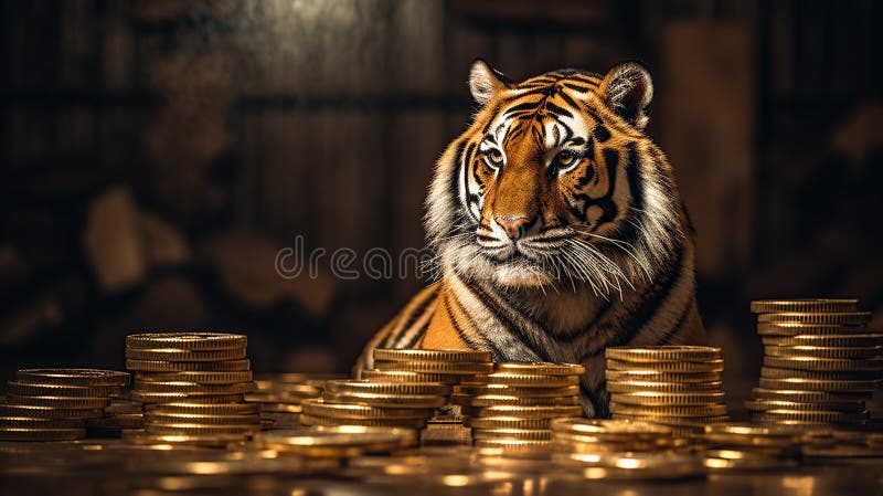 Tiger with gold coins stock illustration. Illustration of income ...