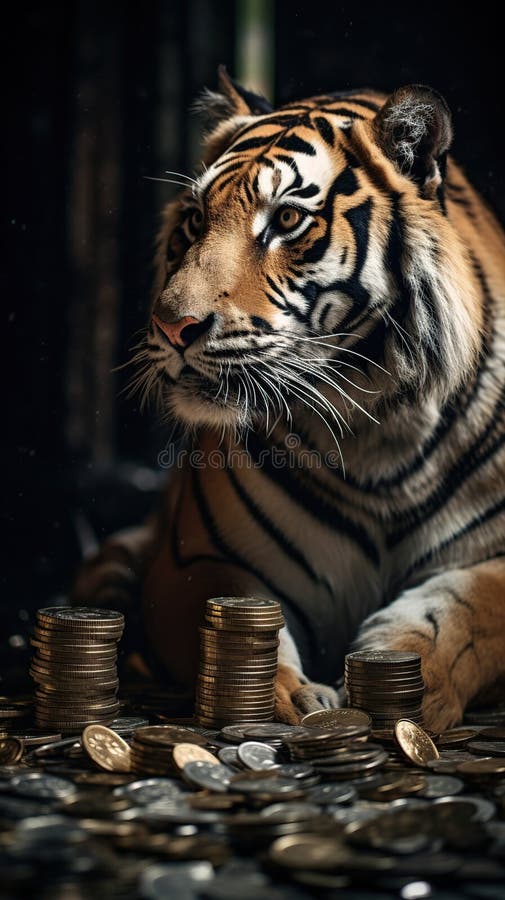 Tiger with gold coins stock illustration. Illustration of currency ...