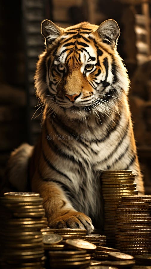 Tiger with gold coins stock illustration. Illustration of invest ...