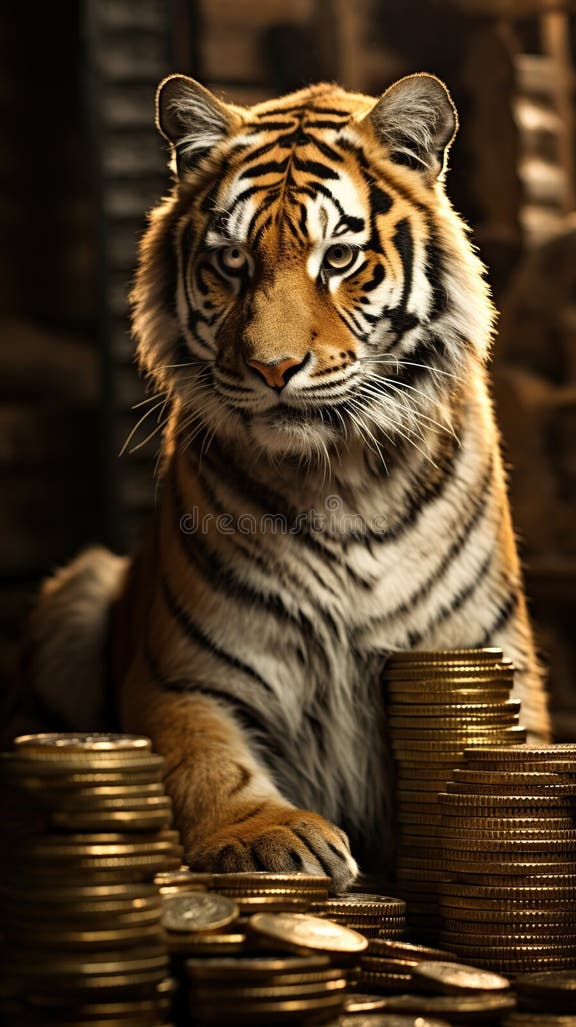 Tiger with gold coins stock illustration. Illustration of invest ...