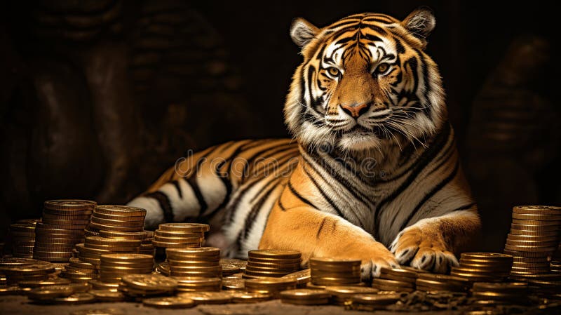 Tiger with gold coins stock illustration. Illustration of save - 299727673