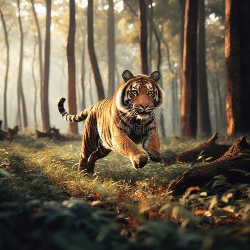 Tiger Sprints through Jungle Floor Stock Illustration - Illustration of ...
