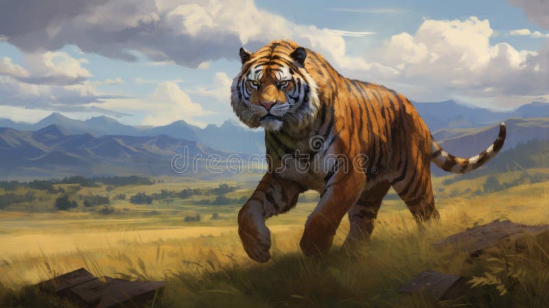 Tiger Traveling in Grassy Field: 2d Game Art Inspired Painting Stock ...