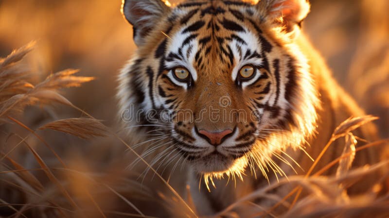A Tiger in the Grass at Sunset, AI Stock Photo - Image of focus ...