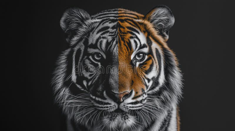 Tiger Head Close-up, Half Color, Half Black and White Stock Image ...