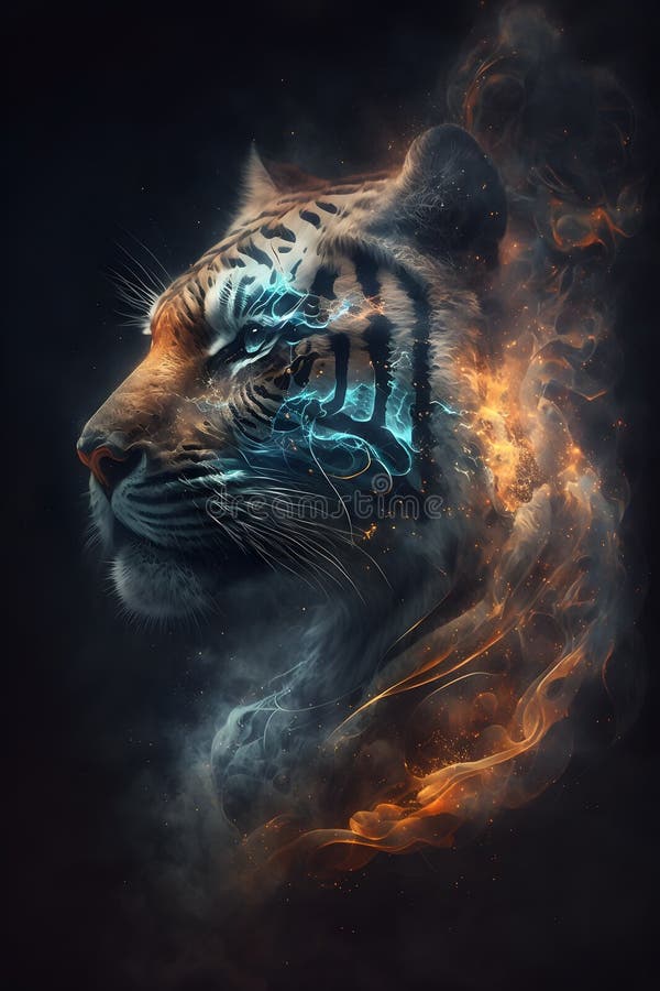 Tiger Head Connected with Galactic Nebula. a Tiger on a Black ...