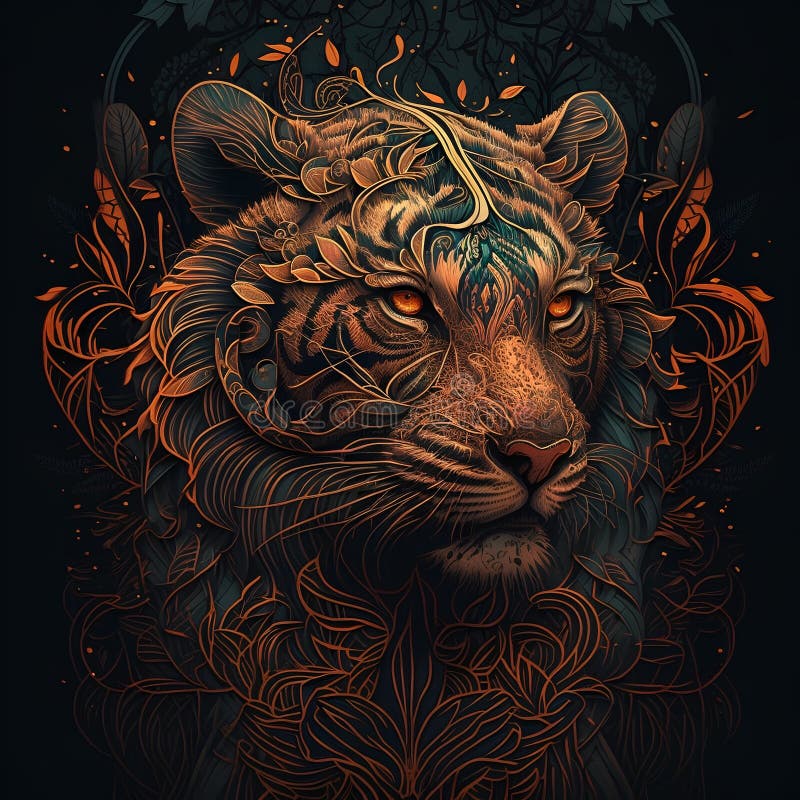 Tiger Head in a Floral Pattern. Hand-drawn Illustration Stock ...