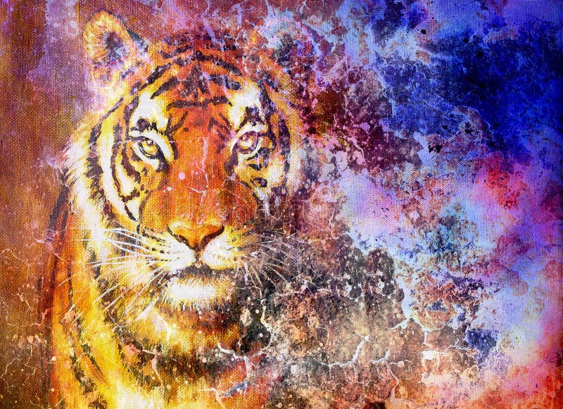 Tiger Head in Space with Stars, Computer Collage. Stock Illustration ...