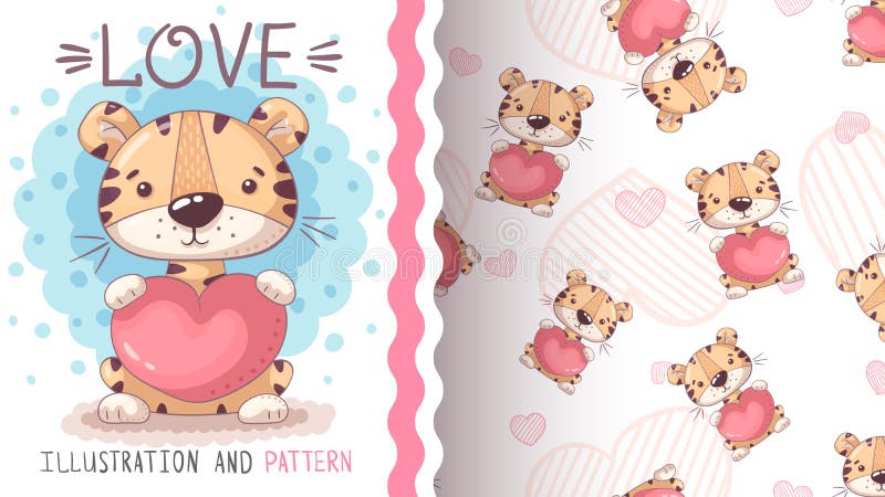 Tiger with Heart - Seamless Pattern Stock Vector - Illustration of cute ...