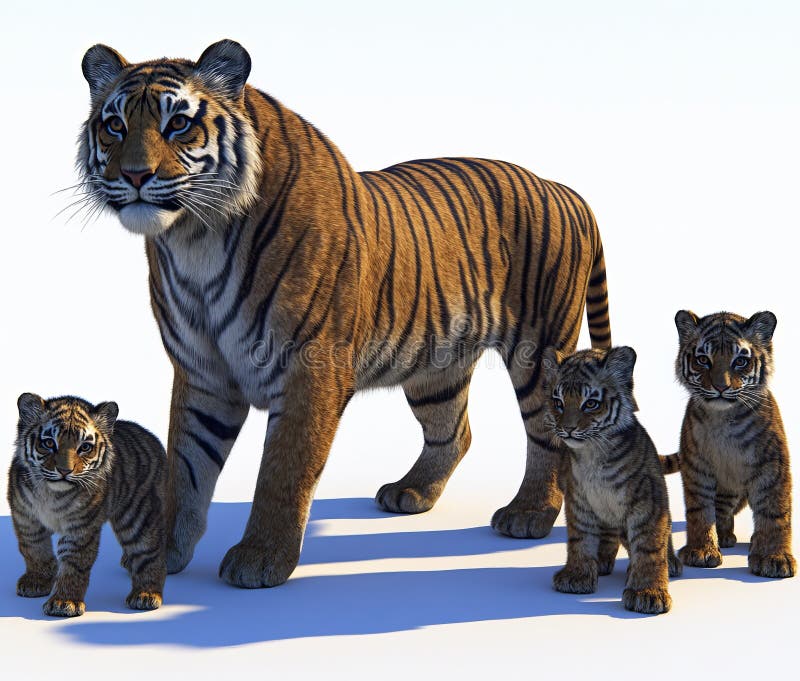 Tiger and Her Cubs Pose in Front of a White Backdrop Stock Image ...