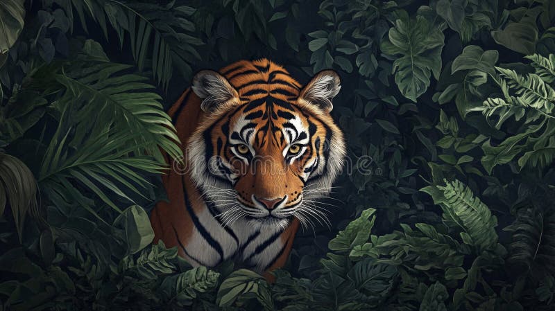 Tiger Hidden in Lush Green Jungle Undergrowth Stock Illustration ...