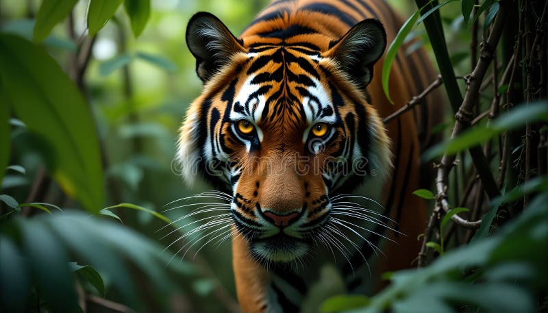Tiger Hides in Deep Greenery, Glowing Amber Eyes Full of Focus and Wild ...