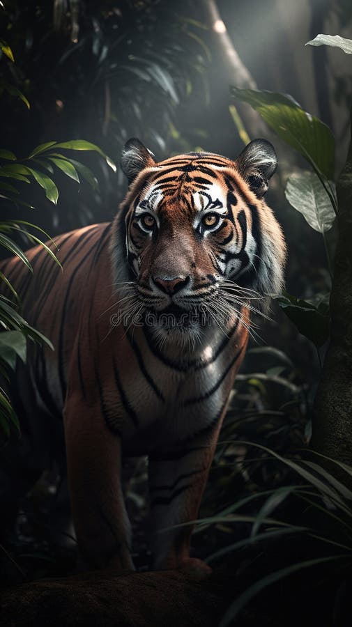 A Tiger Hiding in the Foliage of the Jungle Shows Its Muzzle with an ...